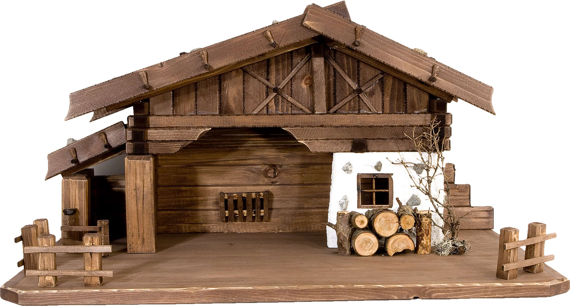 Krippenstall (mit kleiner Mauer) aus Holz für Ihre Weihnachtskrippe